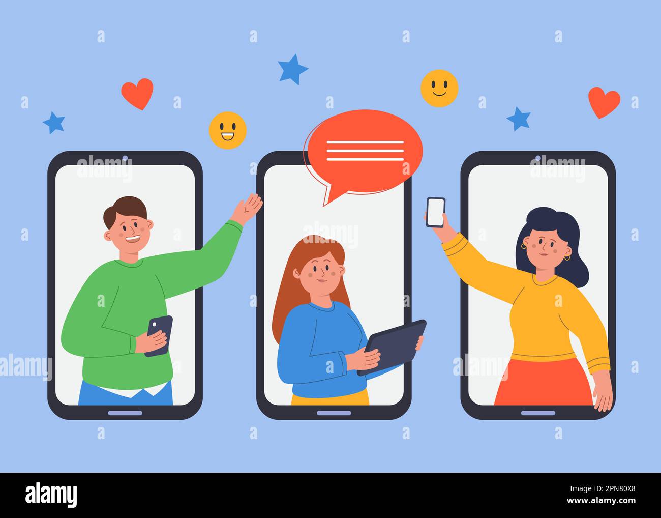 Happy people communicating via social network on mobile screens Stock ...
