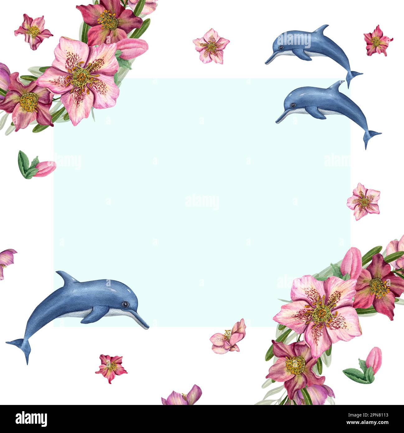 Watercolor frame in abstract stylewith flowers and dolphins isolated on ...