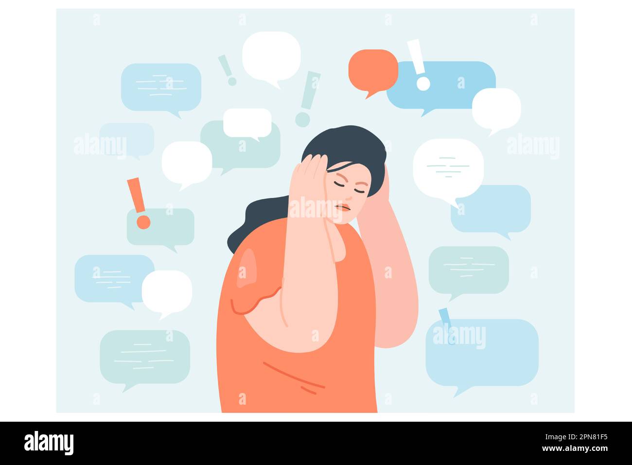 Sad woman with headache from hoax and fake news noise Stock Vector ...