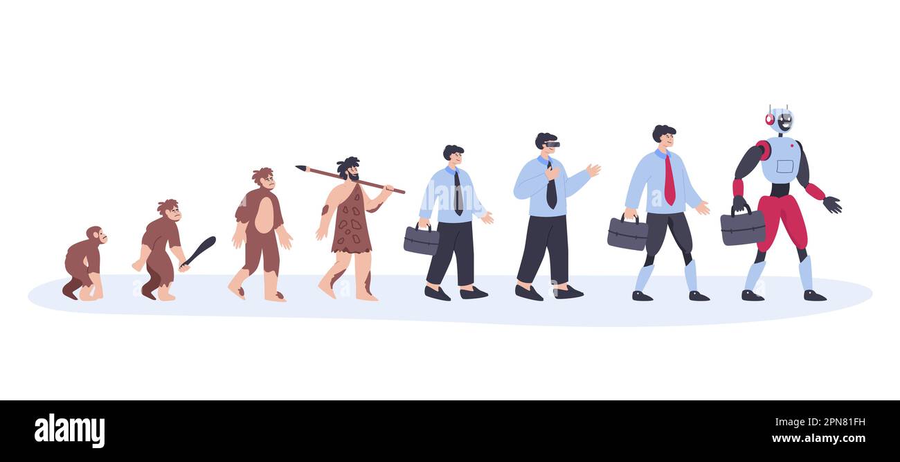 Human evolution from monkey to cyborg flat vector illustration Stock ...