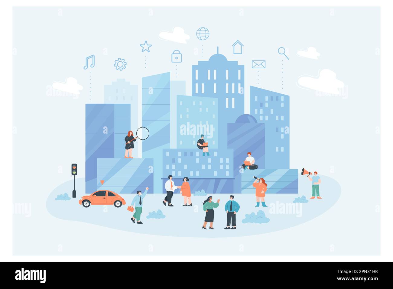 Modern city with buildings and tiny people using internet Stock Vector ...