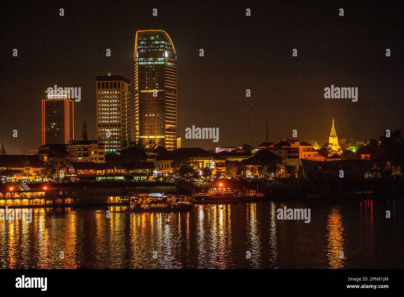 Phnom Penh skyline at night w/ Wat Phnom illuminated, Cambodia. credit ...