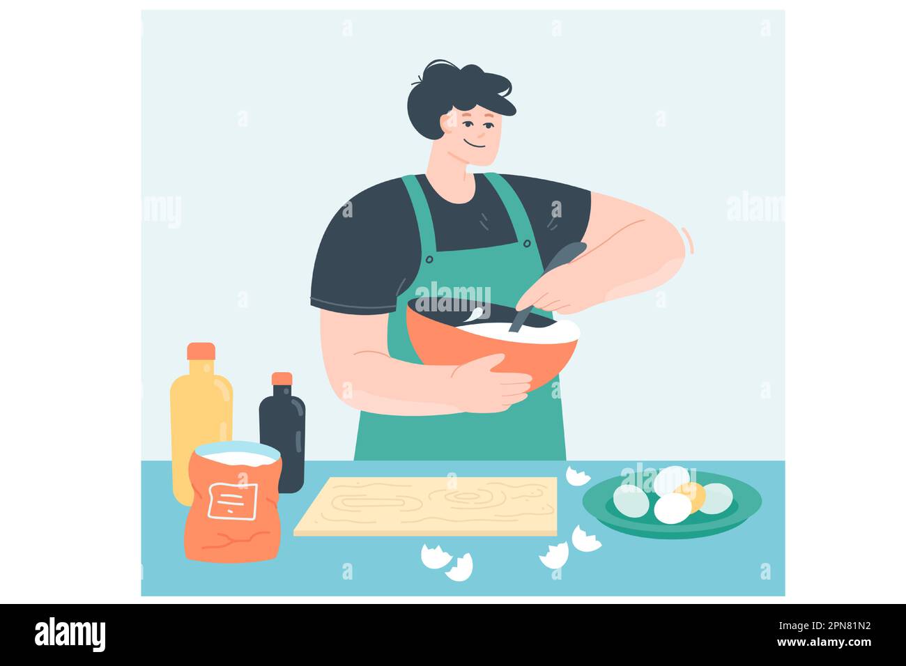 Boy mixing ingredients in bowl at home flat vector illustration Stock ...