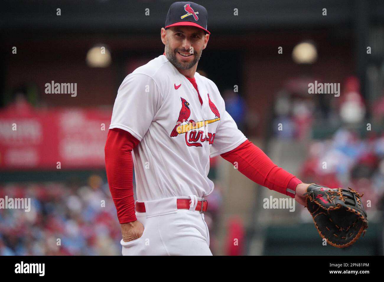 St. Louis Cardinals first baseman Paul Goldschmidt smiles to his dugout ...