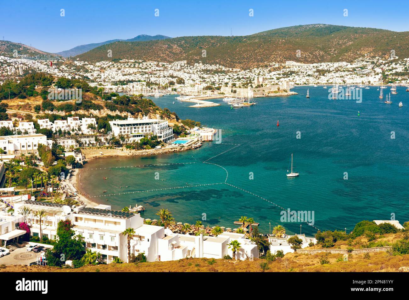 Panoramic view of Bodrum city, Turkey and Saint Peter Castle and marina ...