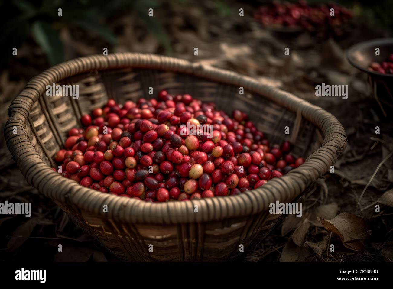 Coffee basket full of ripe coffee Stock Photo - Alamy