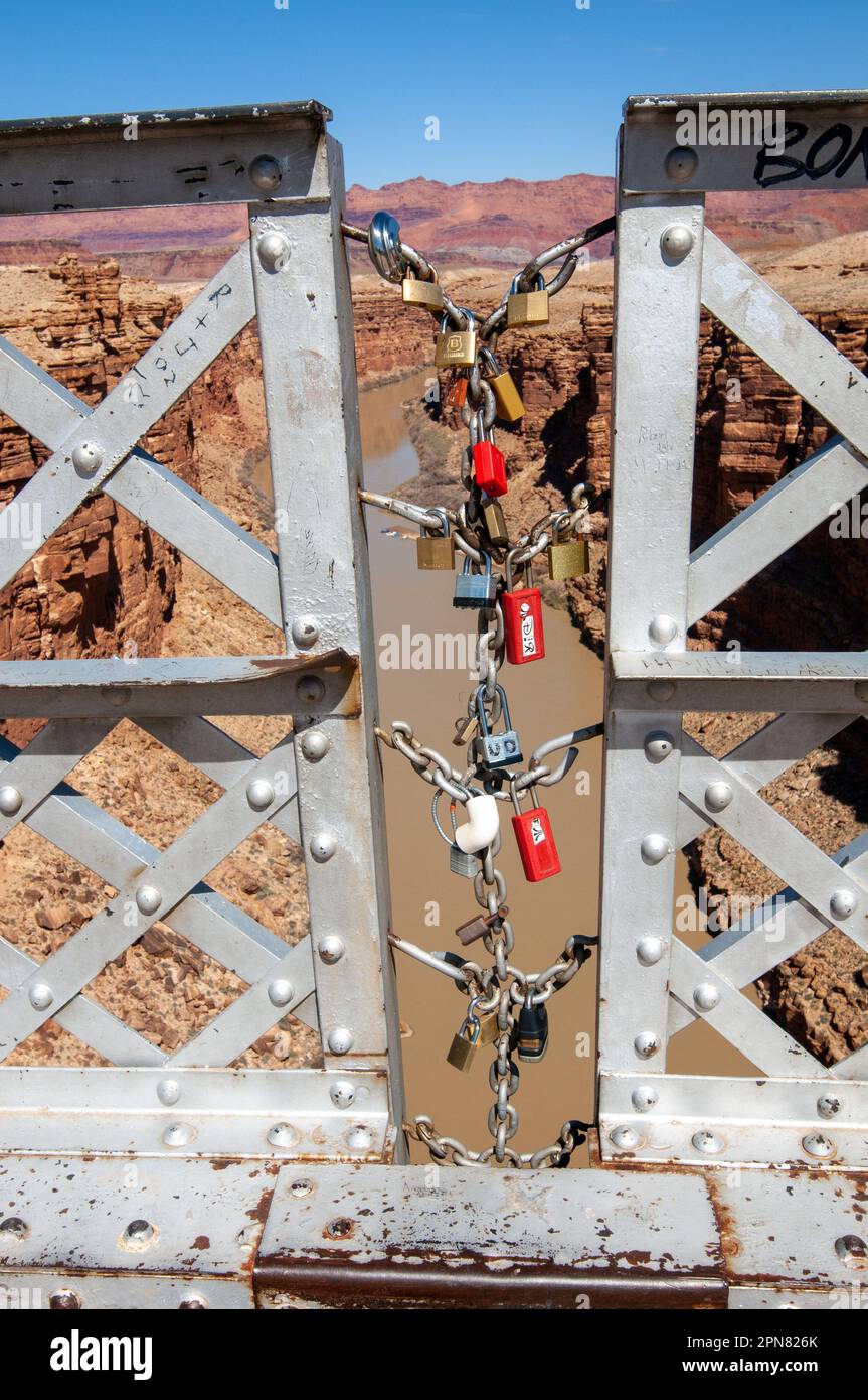 Pad locks adorn the foot bridge over the Colorado River. Arizona Stock ...