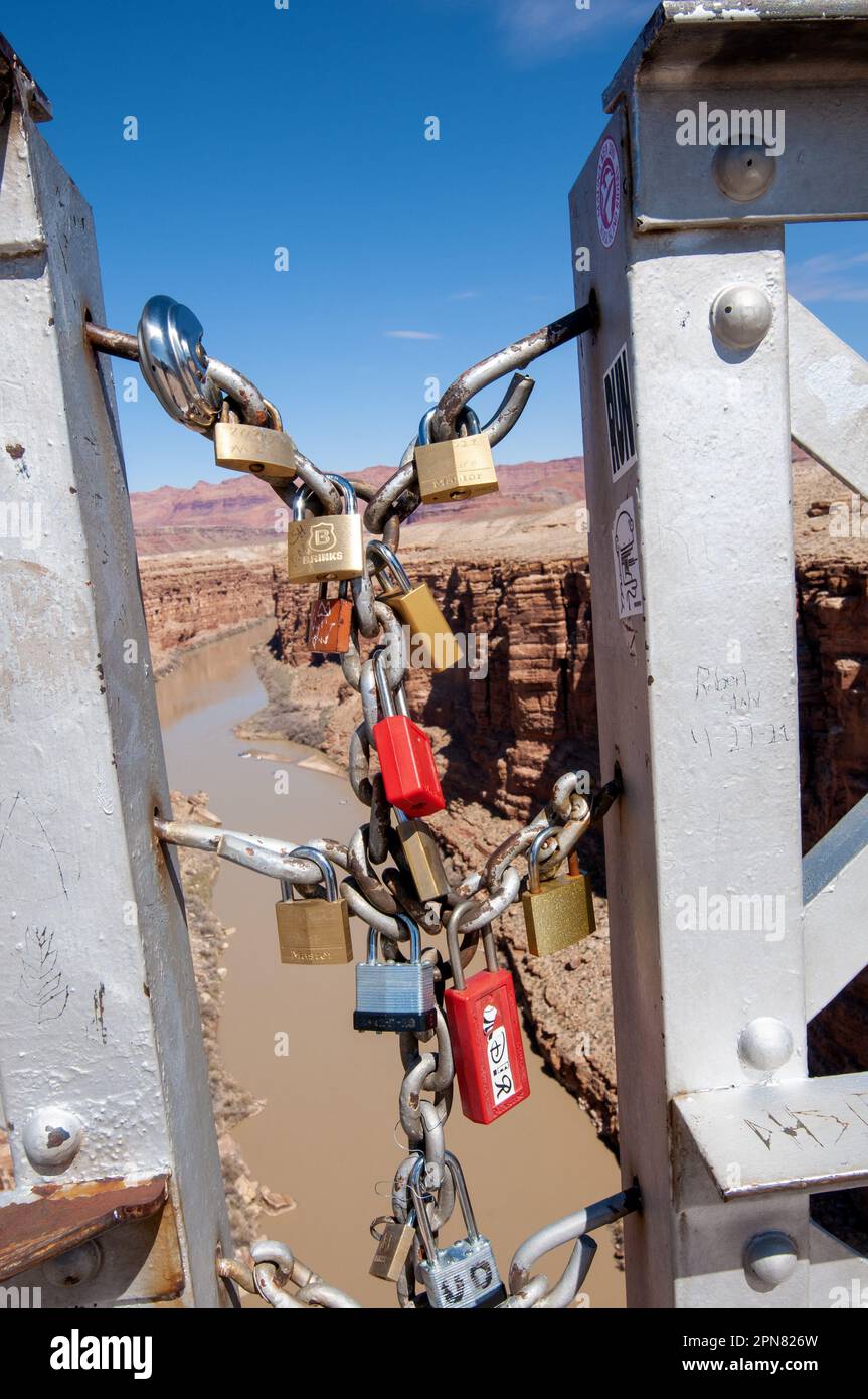 Pad locks adorn the foot bridge over the Colorado River. Arizona Stock ...