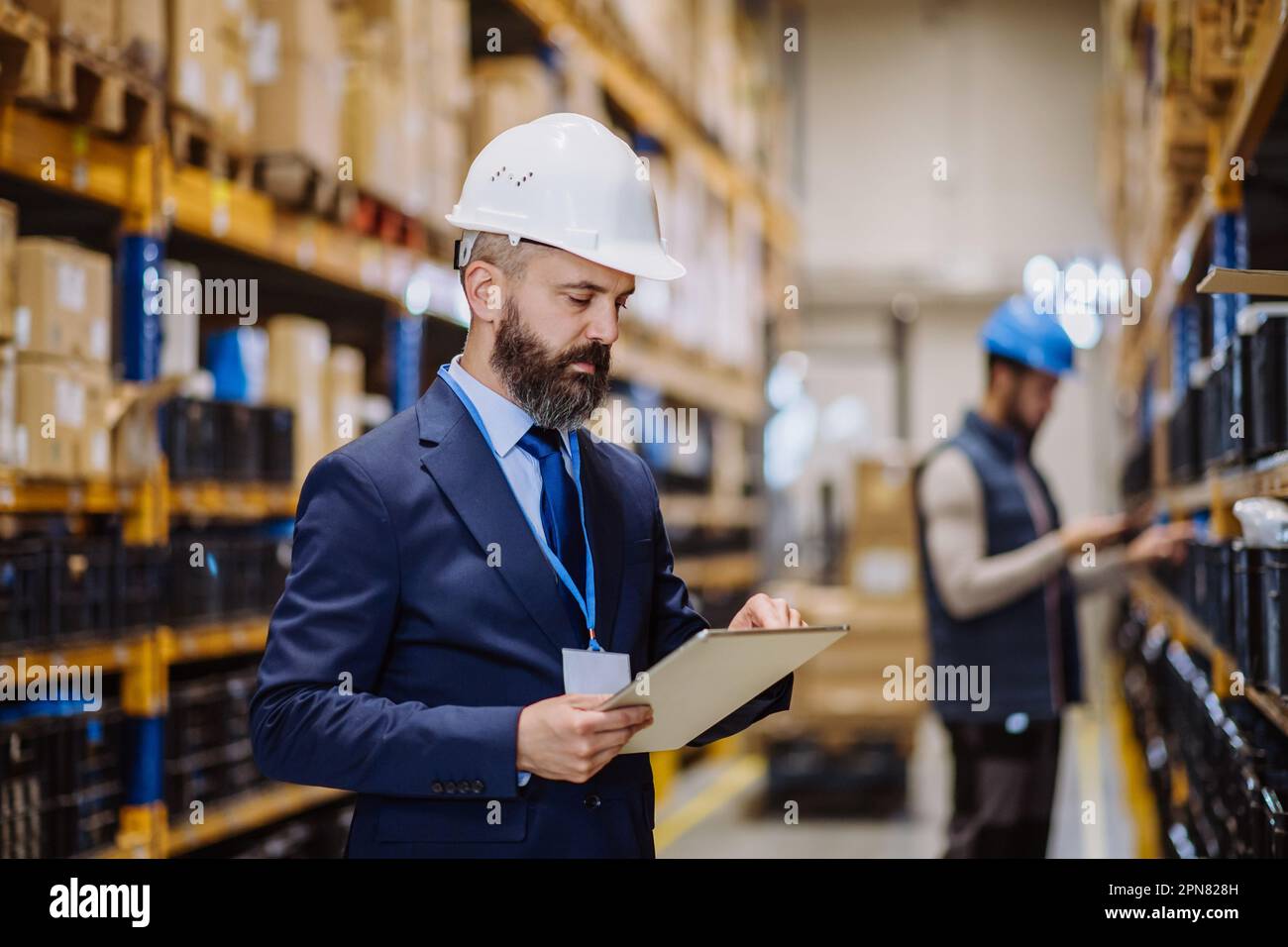 Manager in suit controlling goods in a warehouse Stock Photo - Alamy