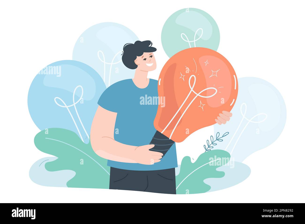 Happy man with lightbulb thinking about great creative idea Stock ...