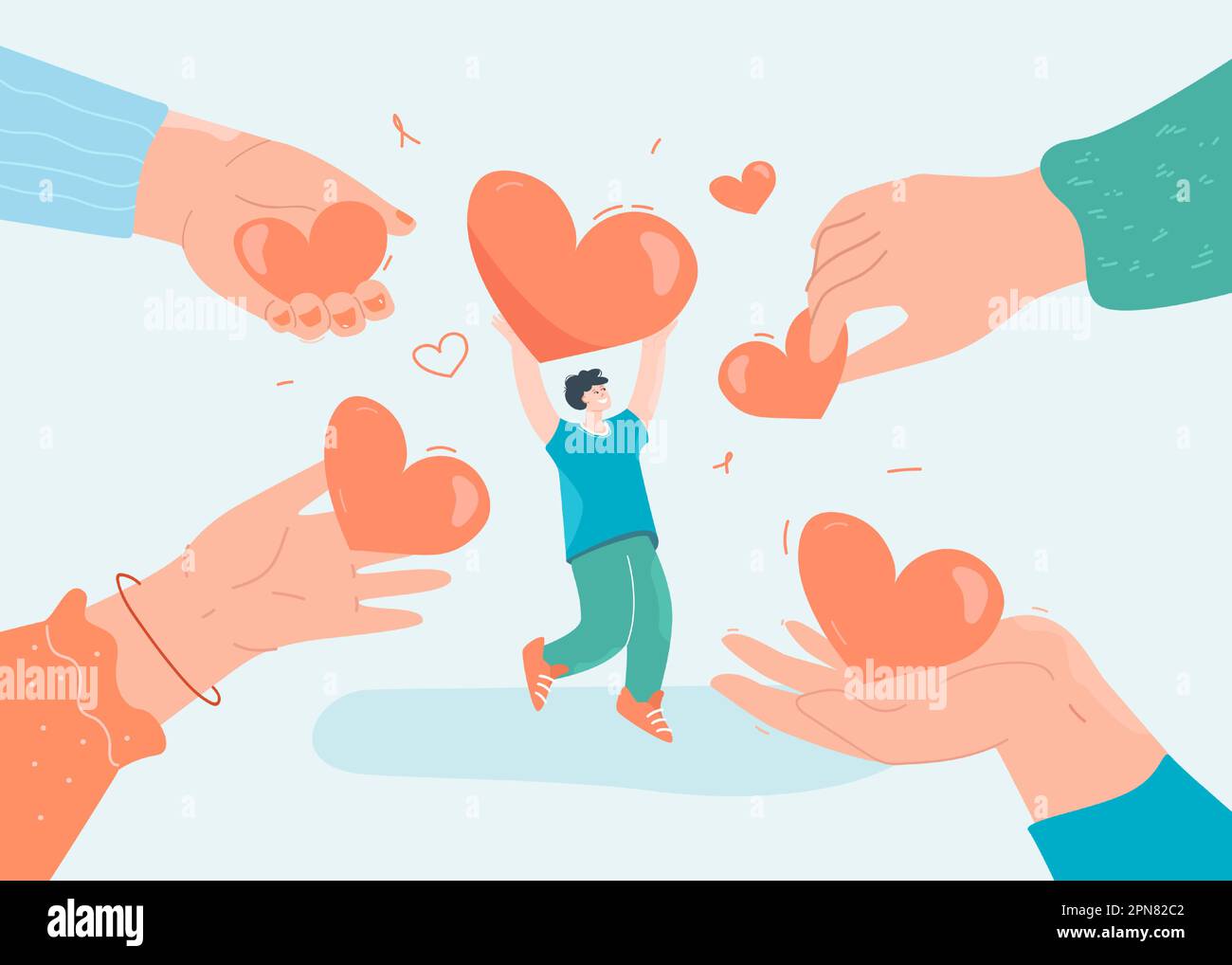 Tiny cartoon man with heart getting assistance in charity project Stock ...