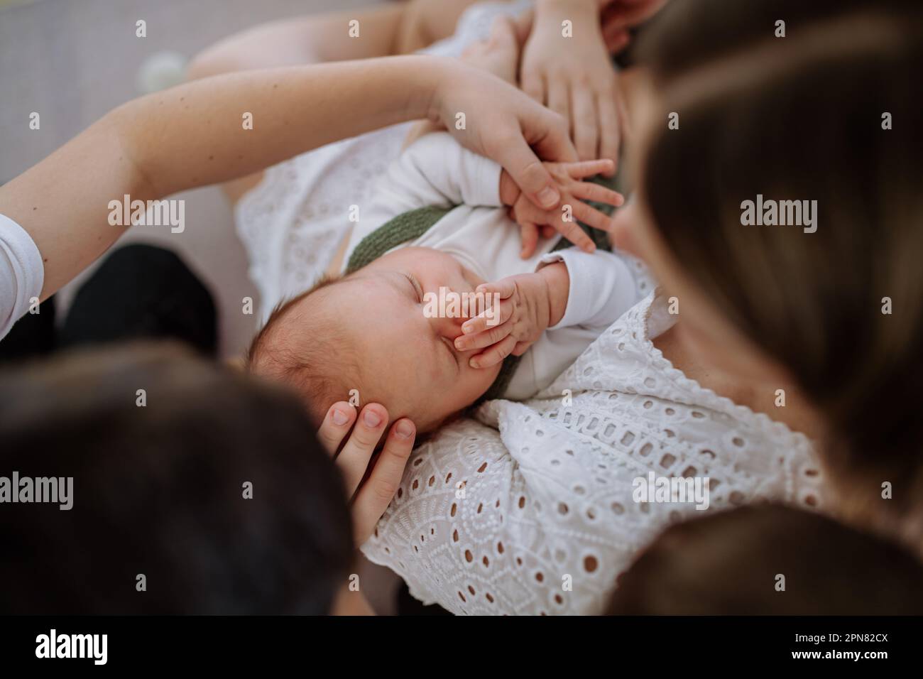 Portrait of mother kissing her newborn baby, other siblings stoking him ...