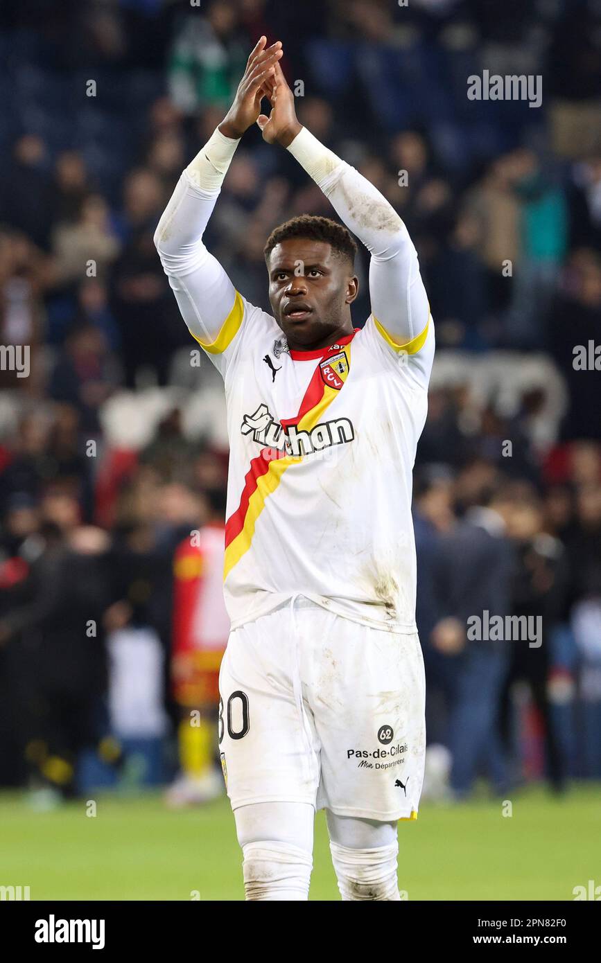 Paris, France. 15th Apr, 2023. Lens goalkeeper Brice Samba salutes the ...