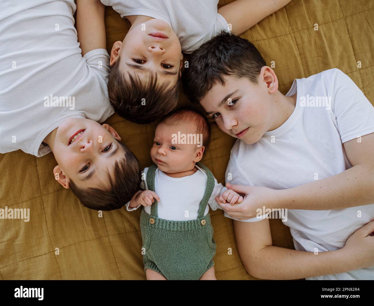 Three big brothers with their little newborn brother lying in bed Stock ...