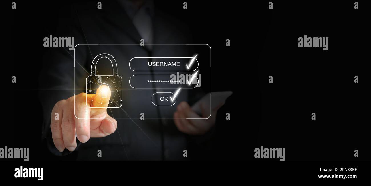 A businessman's finger tapping or activating a virtual digital padlock ...