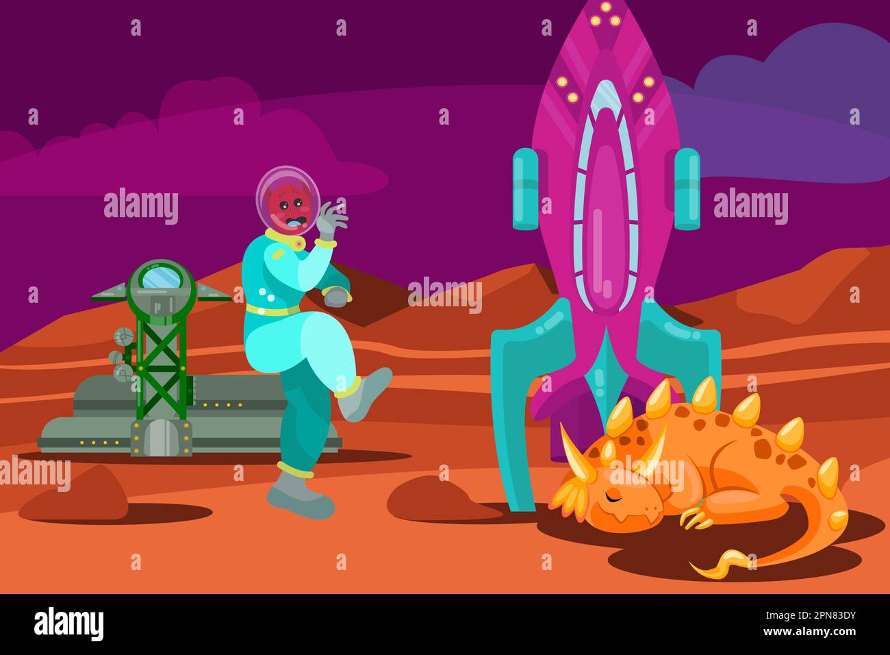 Funny alien afraid of sleeping monster cartoon illustration Stock ...