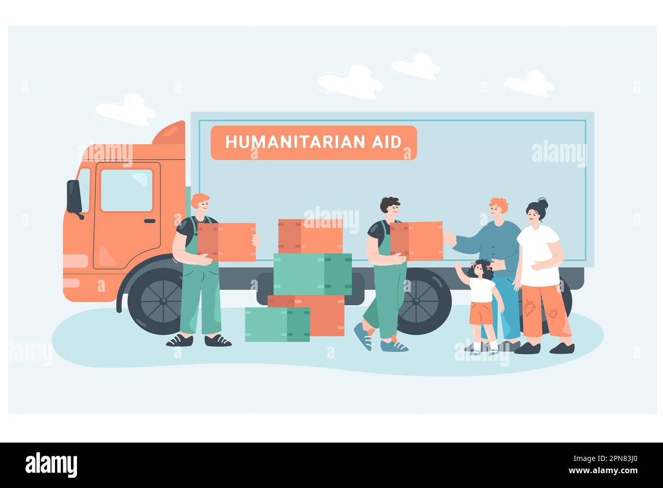 Volunteers giving boxes to poor people, distributing donation Stock ...