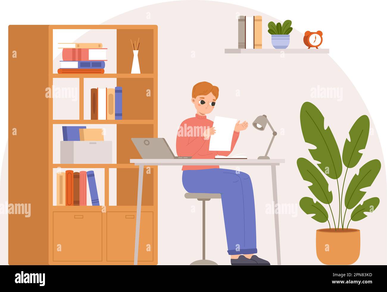 Boy studying process. School or college student doing homework, reading ...