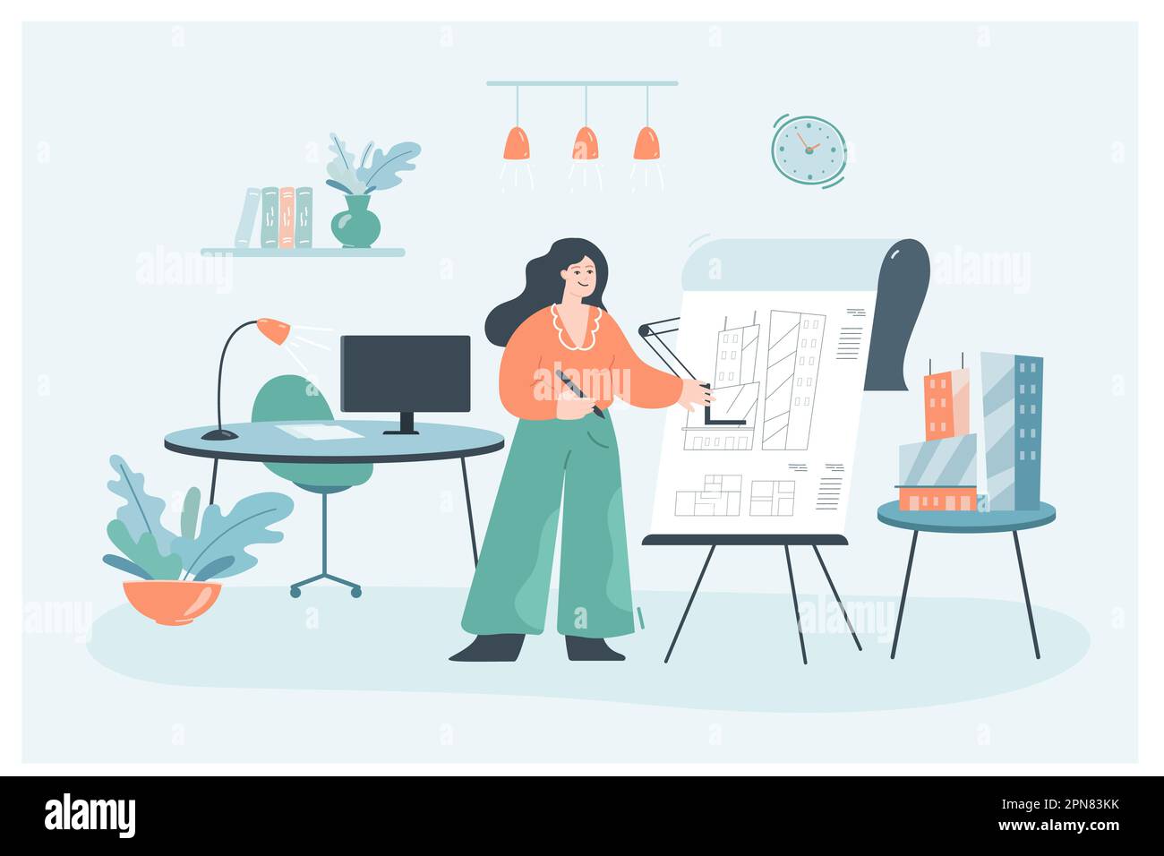 Female architect, engineer or designer drawing building plan Stock ...