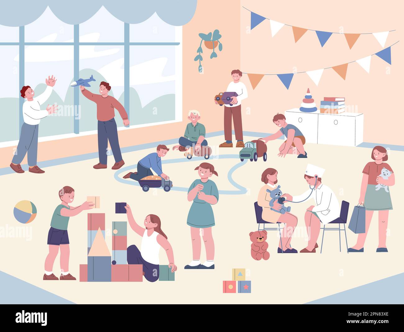 Children play in kindergarten. Doctor kid, montessori preschool for ...