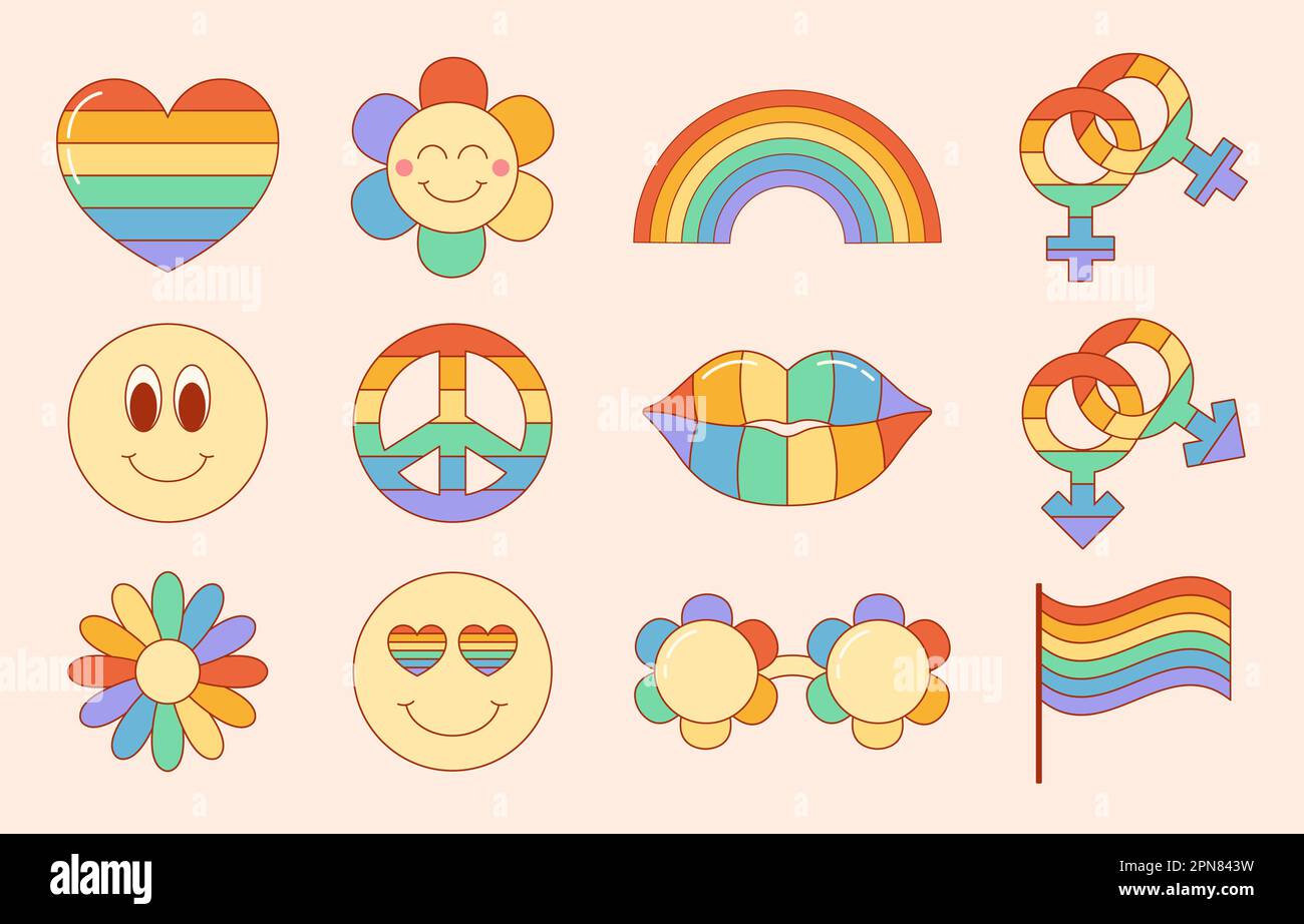 Retro hippie LGBT elements collection for pride month. Gay and lesbian ...