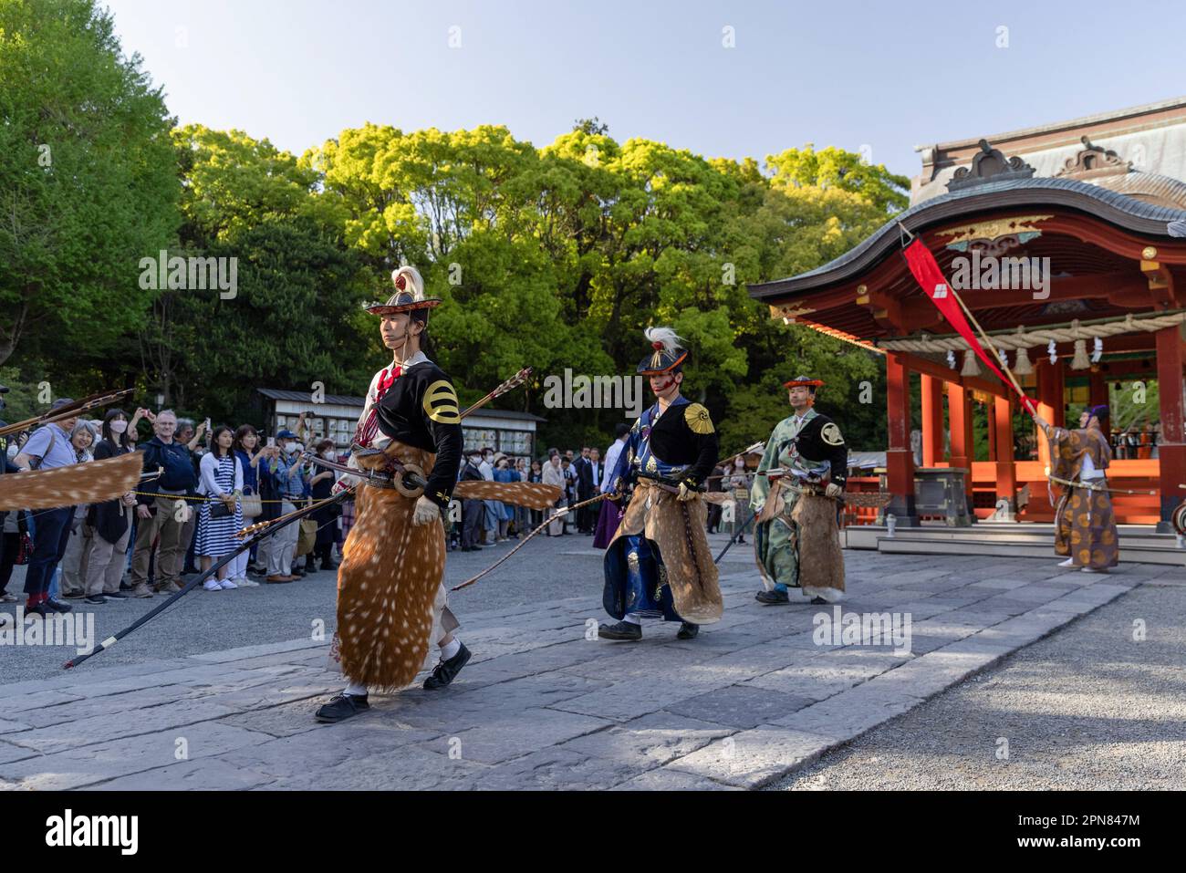 Kamakura, Japan. 16th Apr, 2023. Yabusame archers leave the victory ...