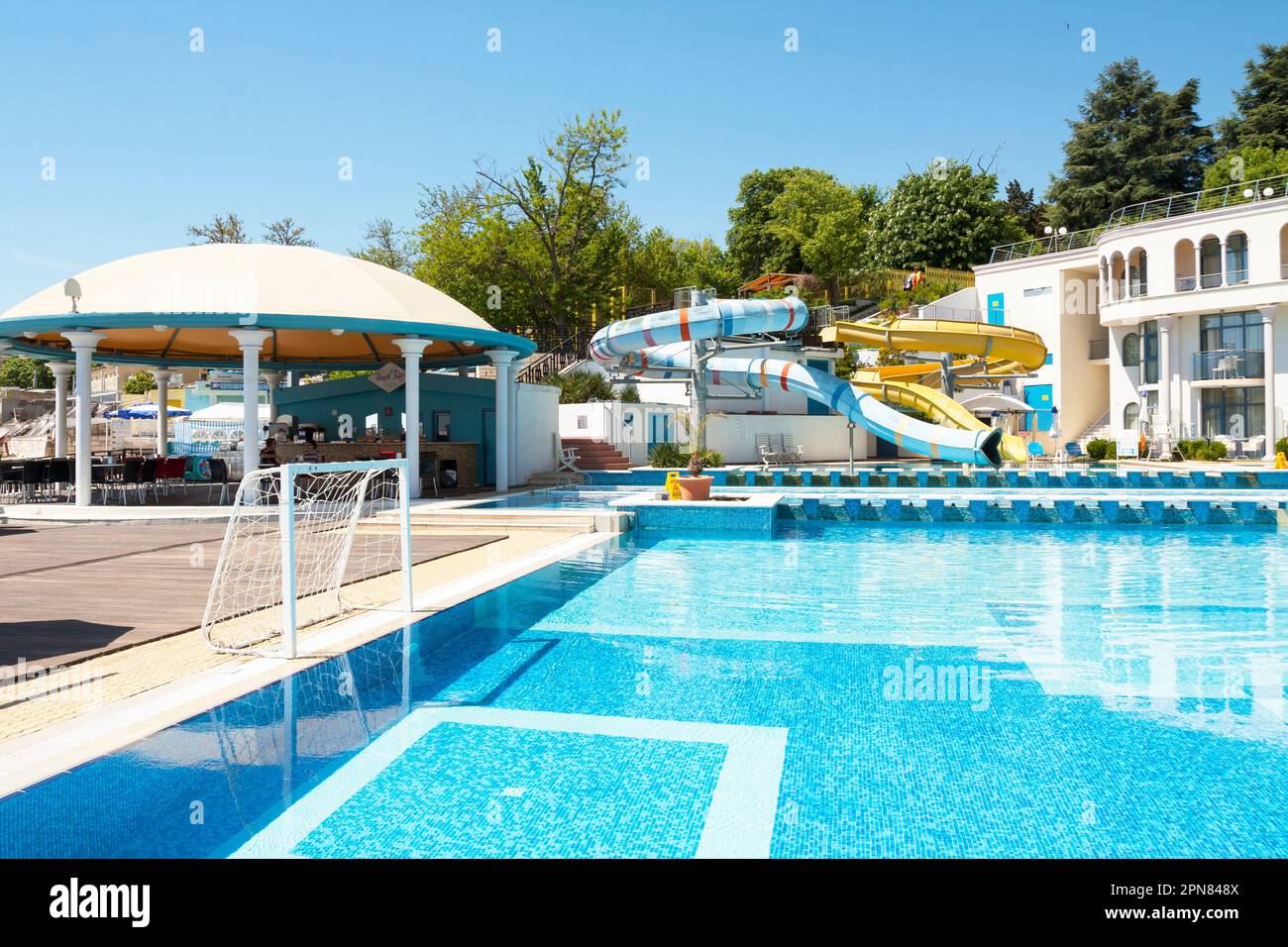 Swimming pool and aqua park on the sea beach of Azalia hotel, St.St ...
