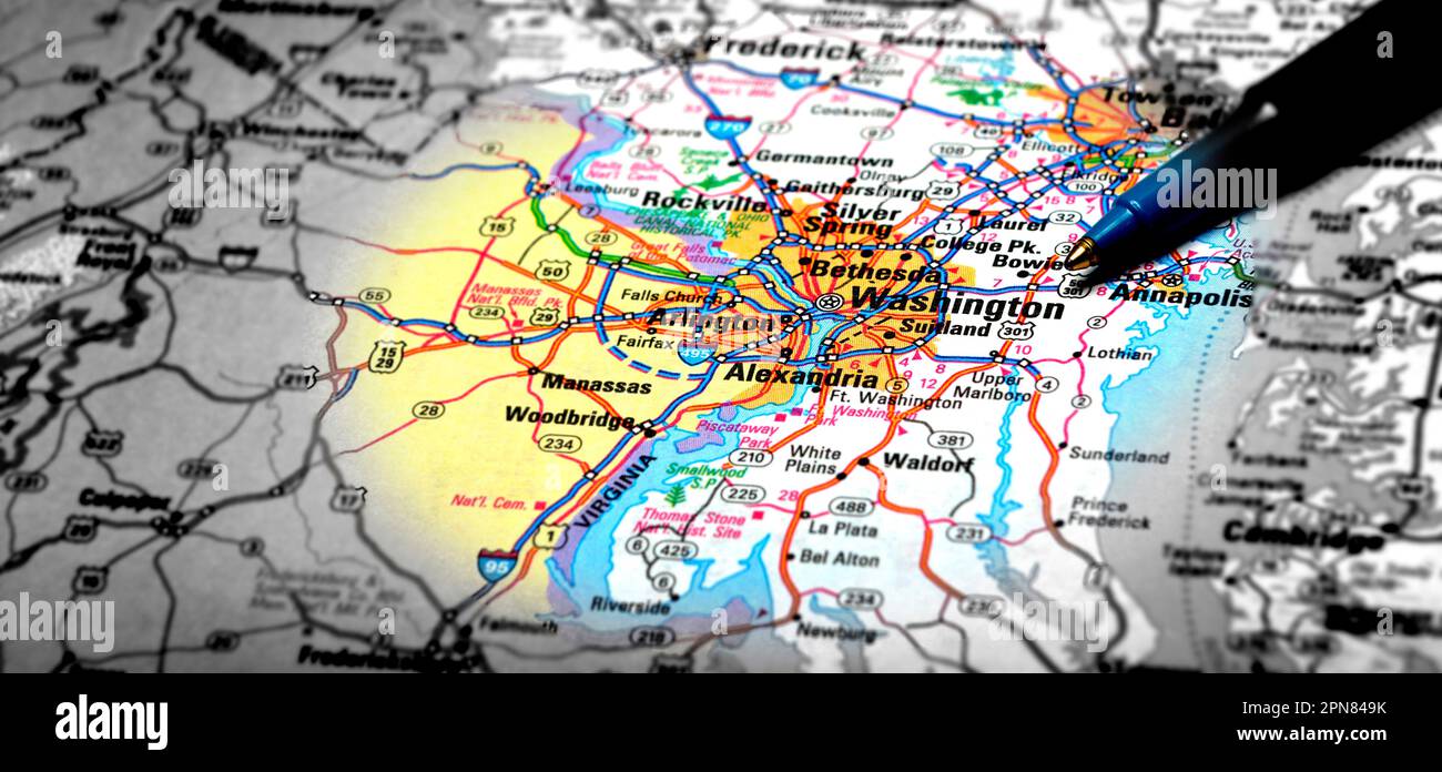 Map for travel to locations with pen pointing to destination view Stock ...