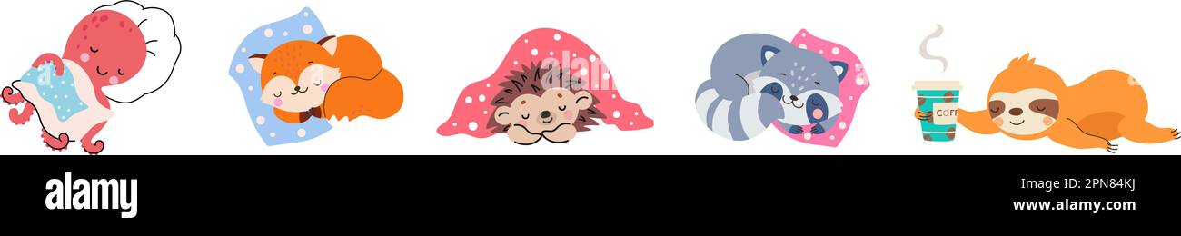 Cartoon animals sleep. Sleeping wild animal, fox and raccoon, octopus ...