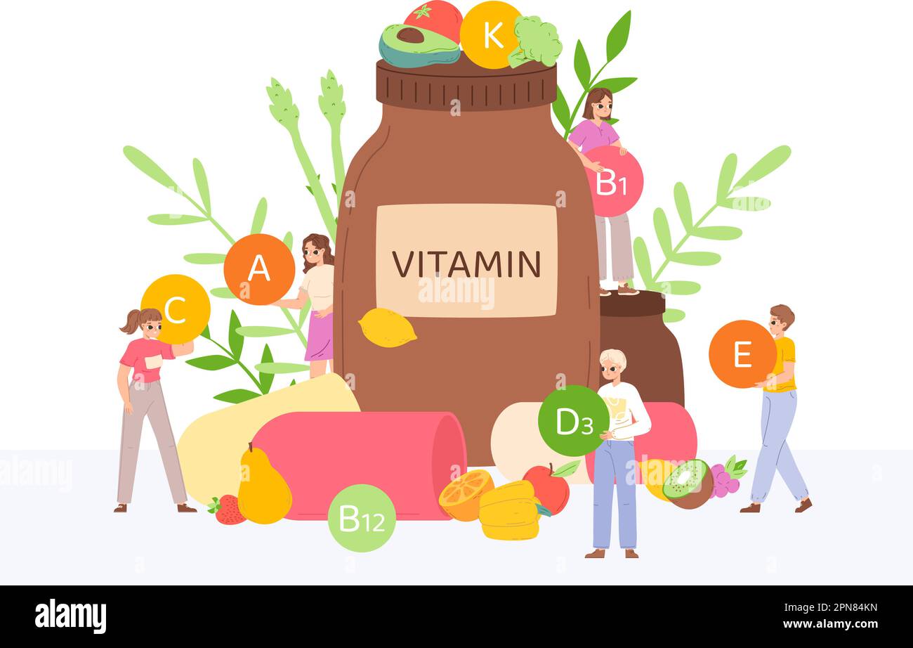 Vitamin food and people. Healthy goods, fresh nutrition and raw fruits ...