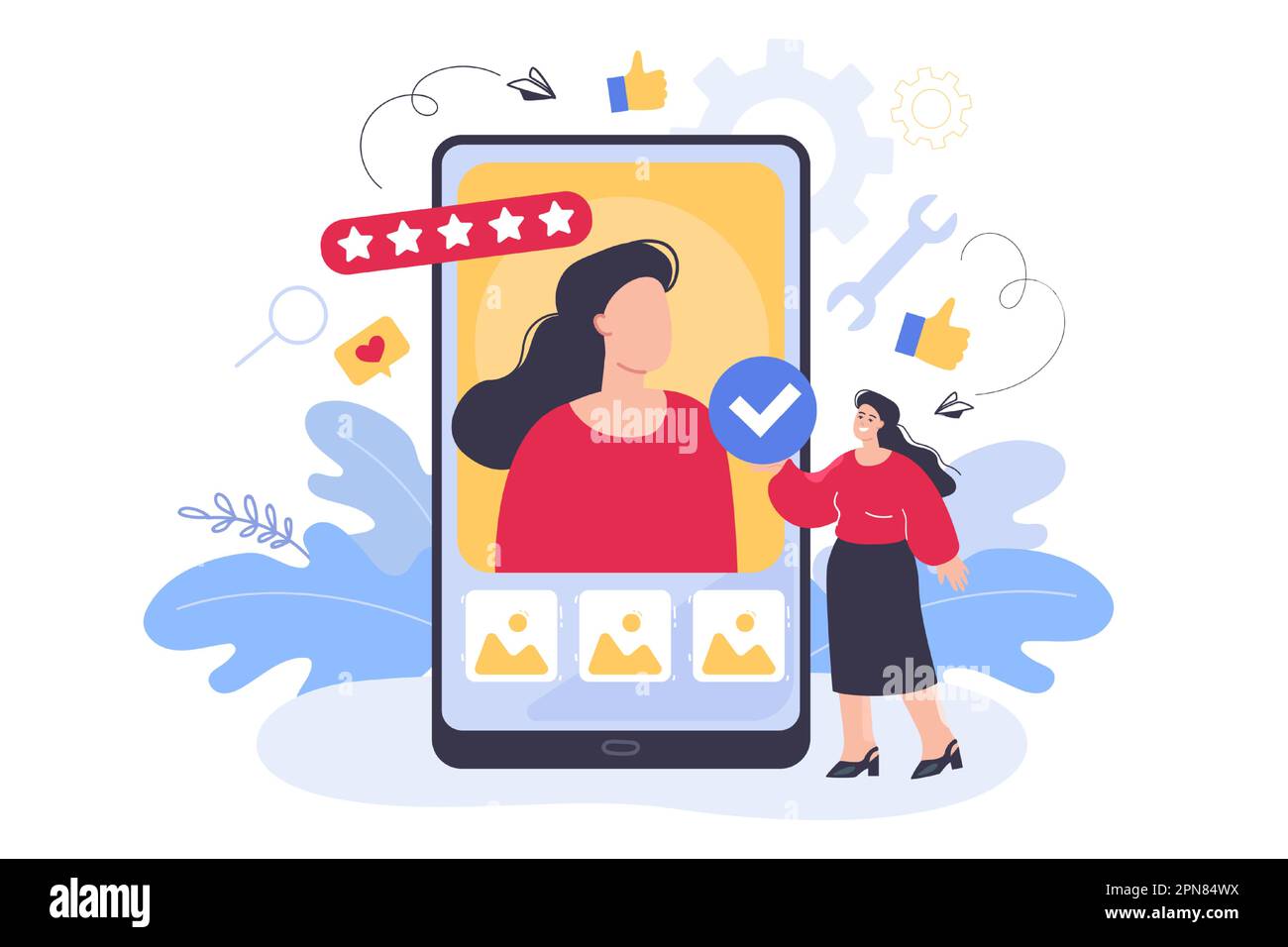 Tiny girl standing near phone with personal account on screen Stock ...