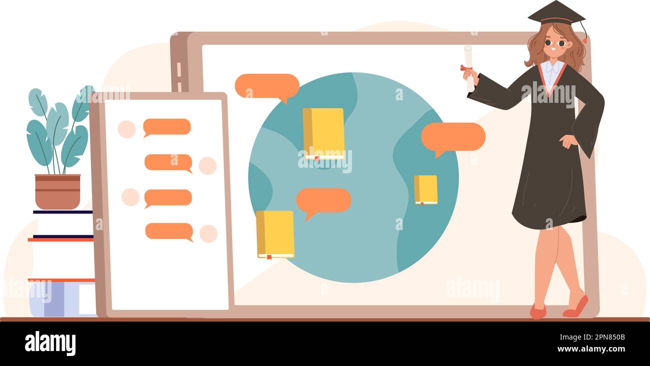 Digital online education. Cute happy graduation girl with diploma ...