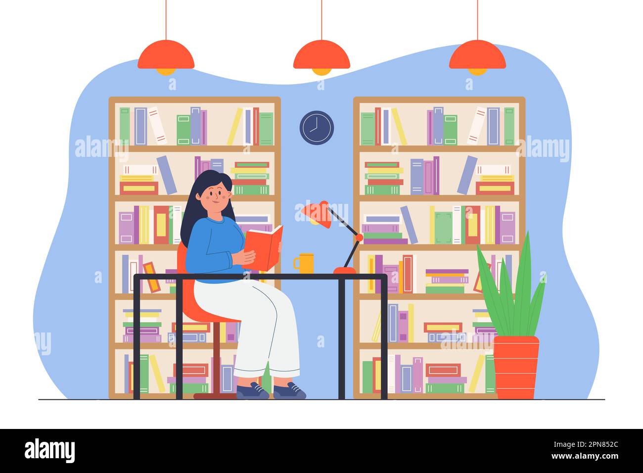 Young lady student reading book, studying in interior of library Stock ...