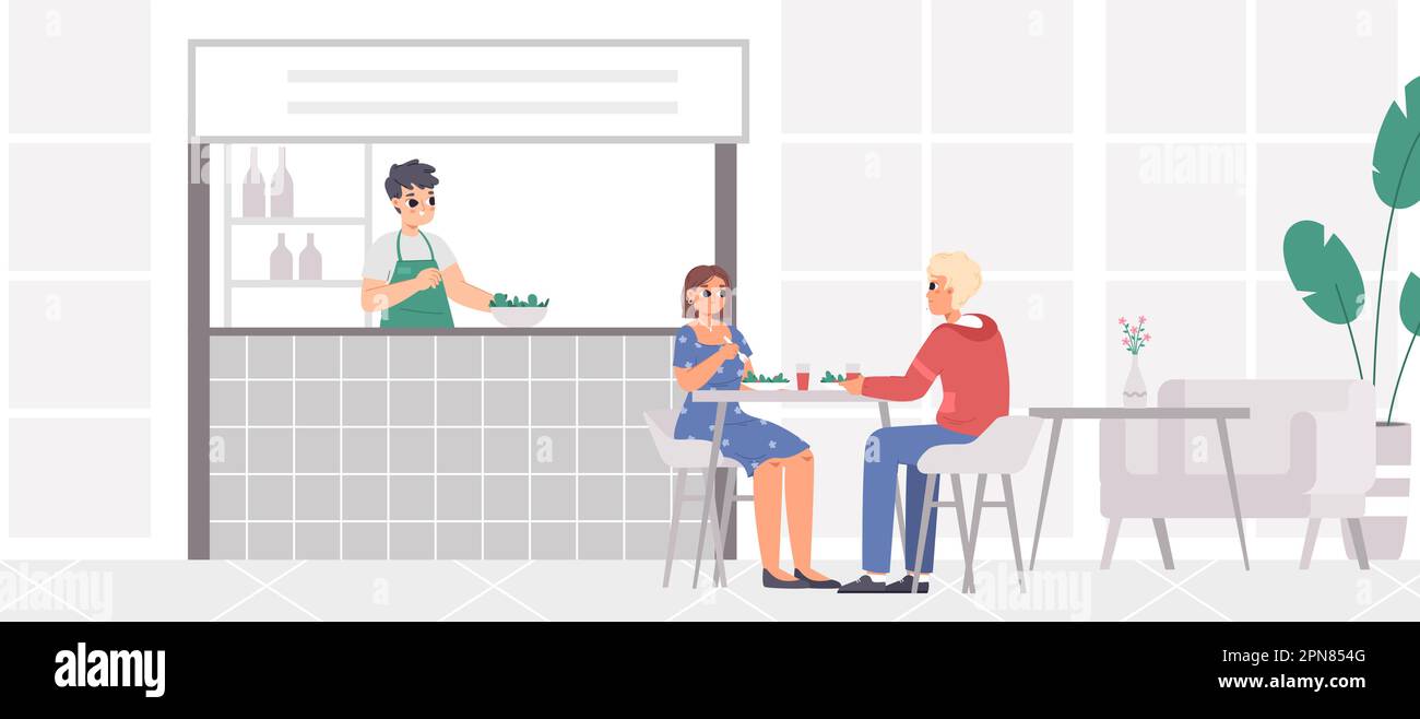 Couple on dating in cafe, cafeteria vegan. Young adults eating, waiter ...