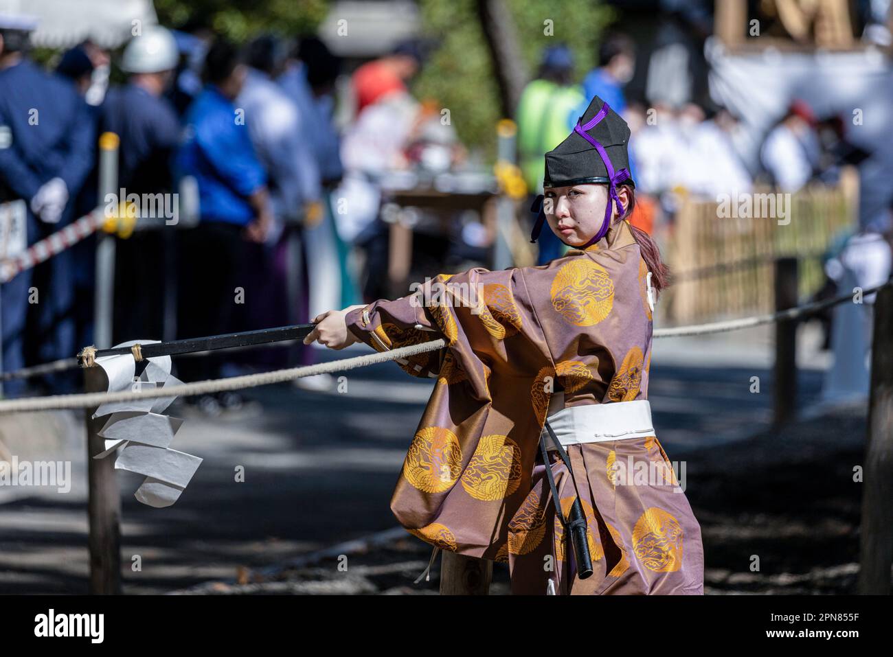 Yabusame (Japanese horseback archery) tournament official signals that ...