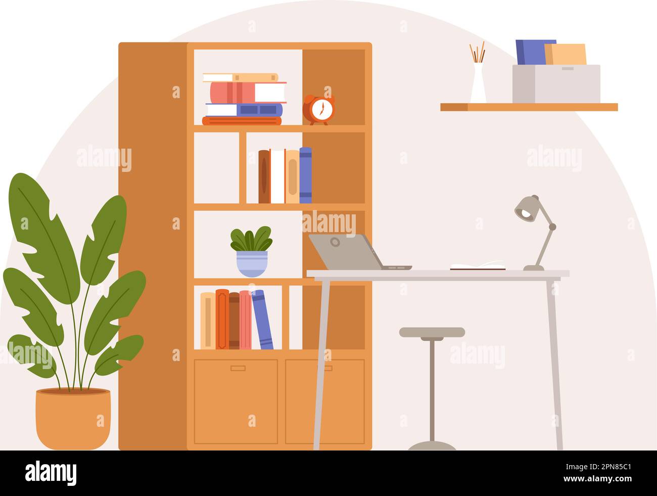 Home office interior. Flat work or study place in apartment. Bookshelf ...