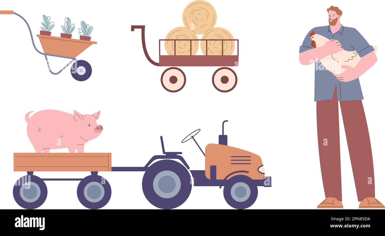 Farmer and farm animals. Agriculture technic, hen and cute flat pig ...