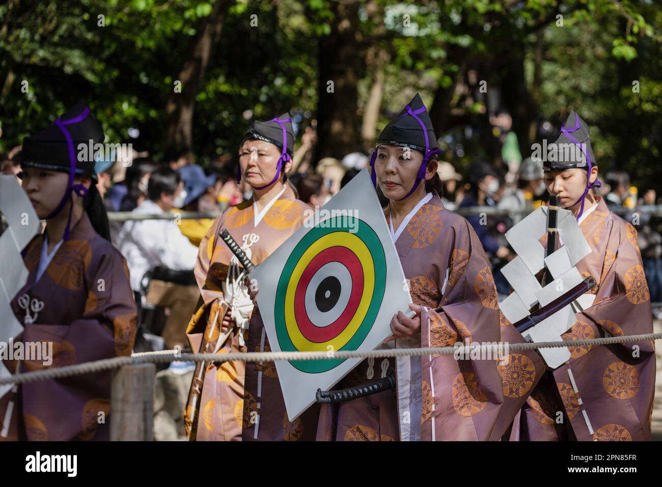 Yabusame (Japanese horseback archery) targets are brought into the ...