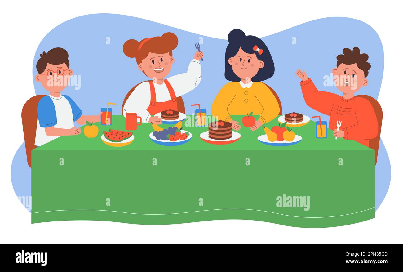 Children friends eating cake on breakfast, lunch or dinner Stock Vector ...