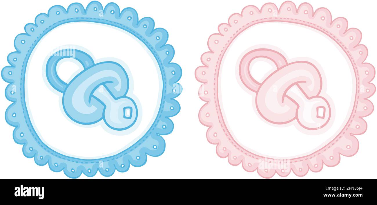 Blue and pink baby round label with pacifier Stock Photo - Alamy