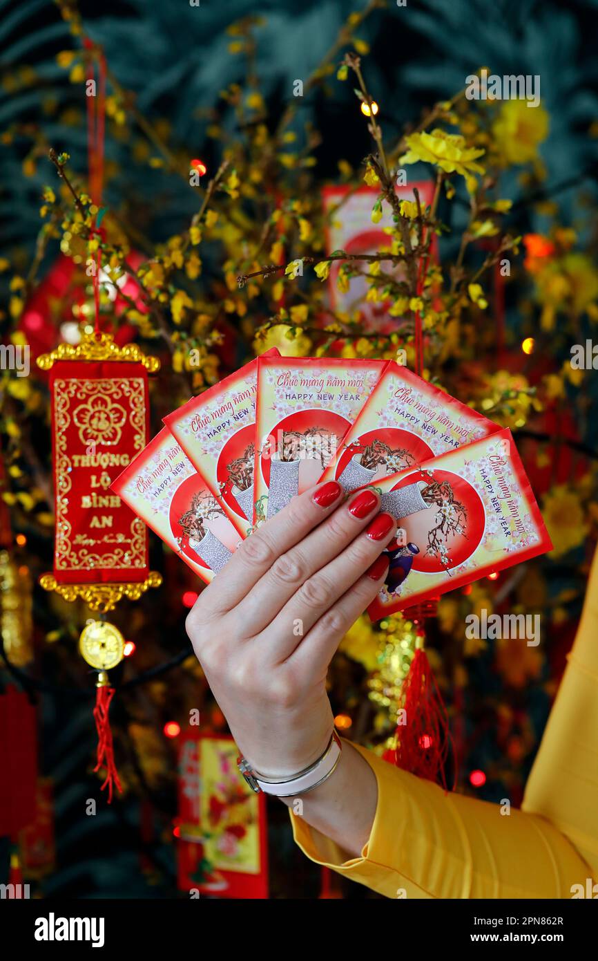 Asian woman with red envelopes ( hongbao ) for Chinese and Vietnamese ...