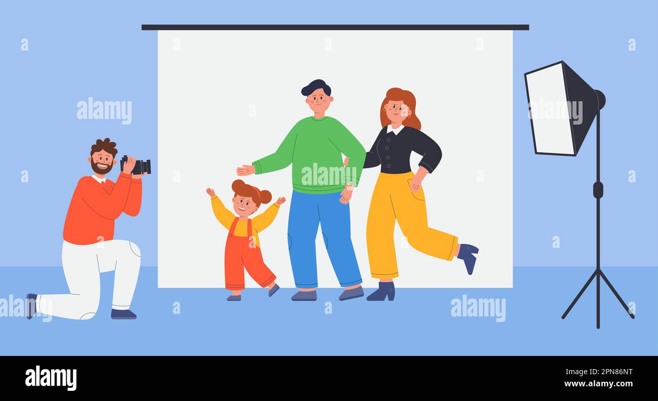 Cartoon photographer taking pictures of happy young parents Stock ...