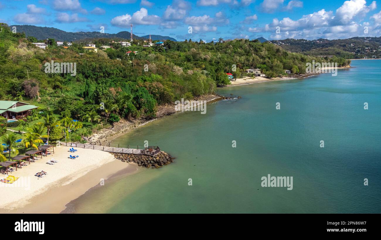 Aerial view of northwest coast St. Lucia with beach, sea and sky views ...