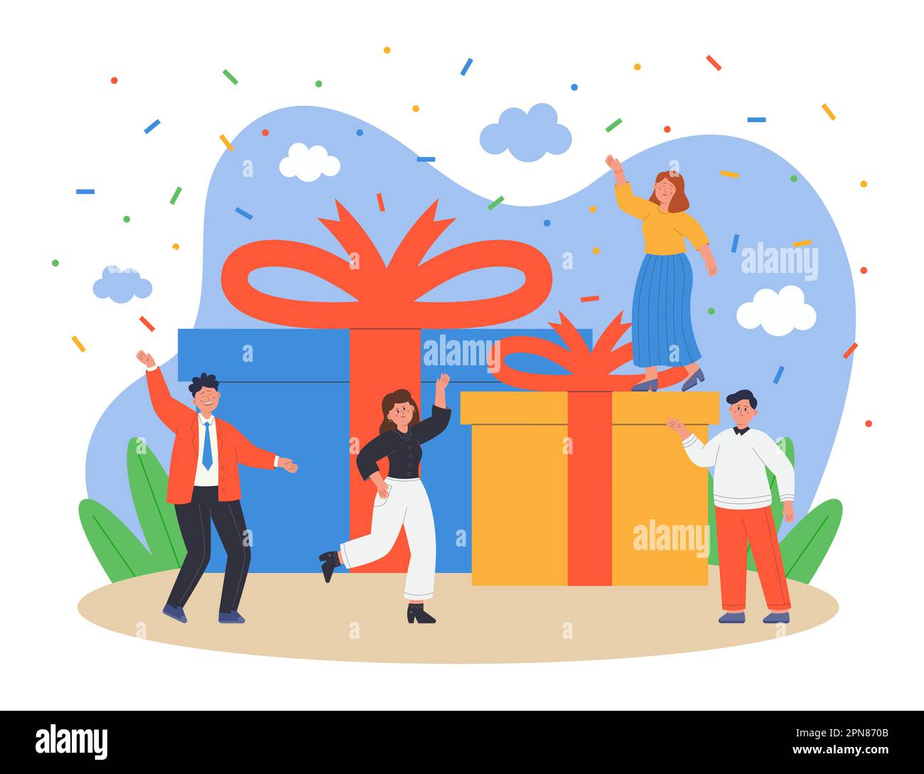 Tiny male and female characters with gift boxes under confetti Stock ...