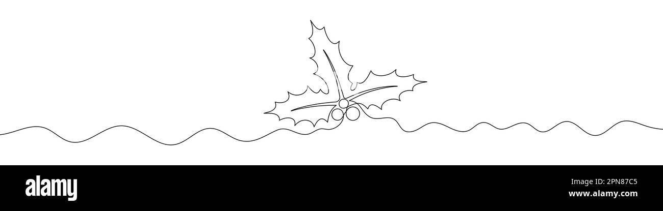 Christmas plant in continuous line drawing style. Line art of holly ...