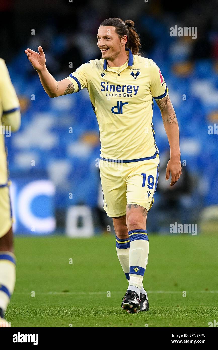Naples, Italy. 15th Apr, 2023. Milan Djuric of Hellas Verona gestures ...