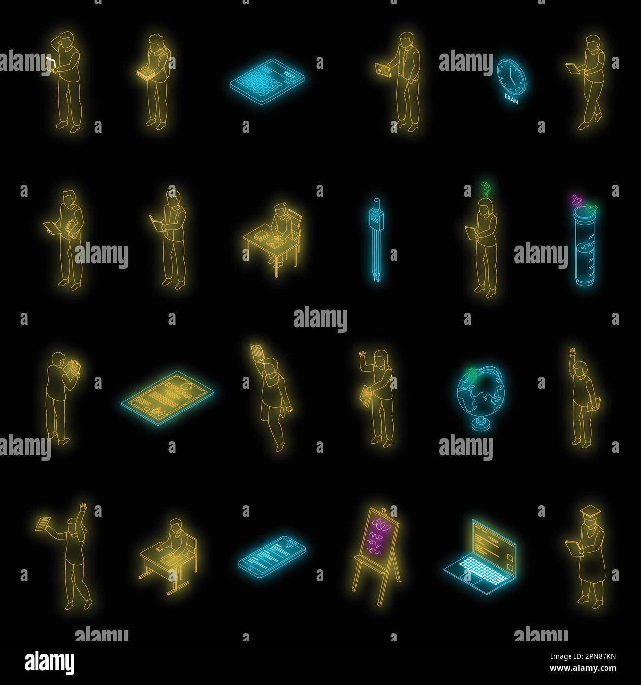 School test icons set. Isometric set of school test vector icons neon ...