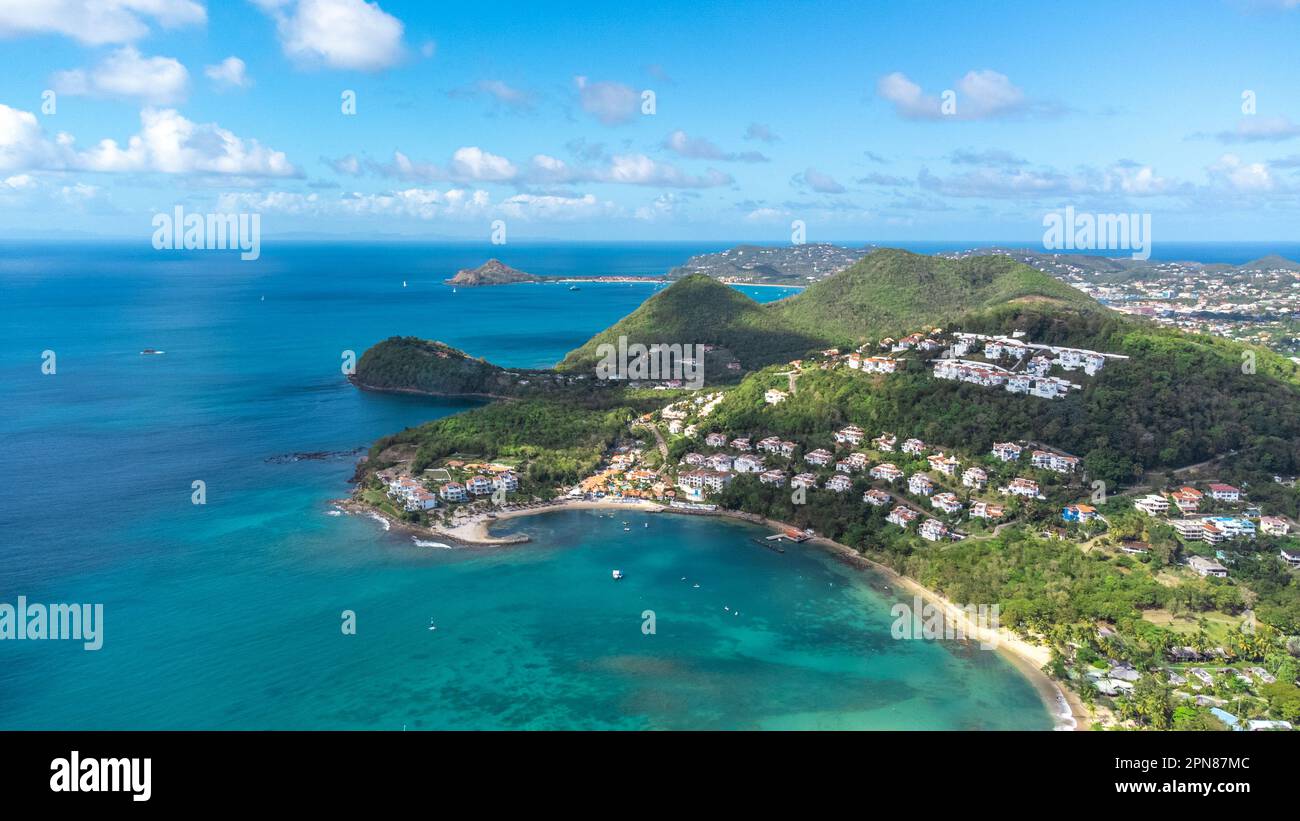 Aerial view of northwest coast St. Lucia with beach, sea, sky and ...
