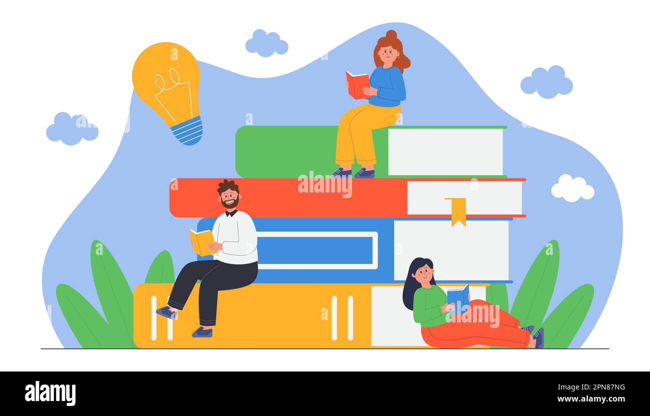 Tiny Book Lovers Sitting On Huge Books Flat Vector Illustration Stock
