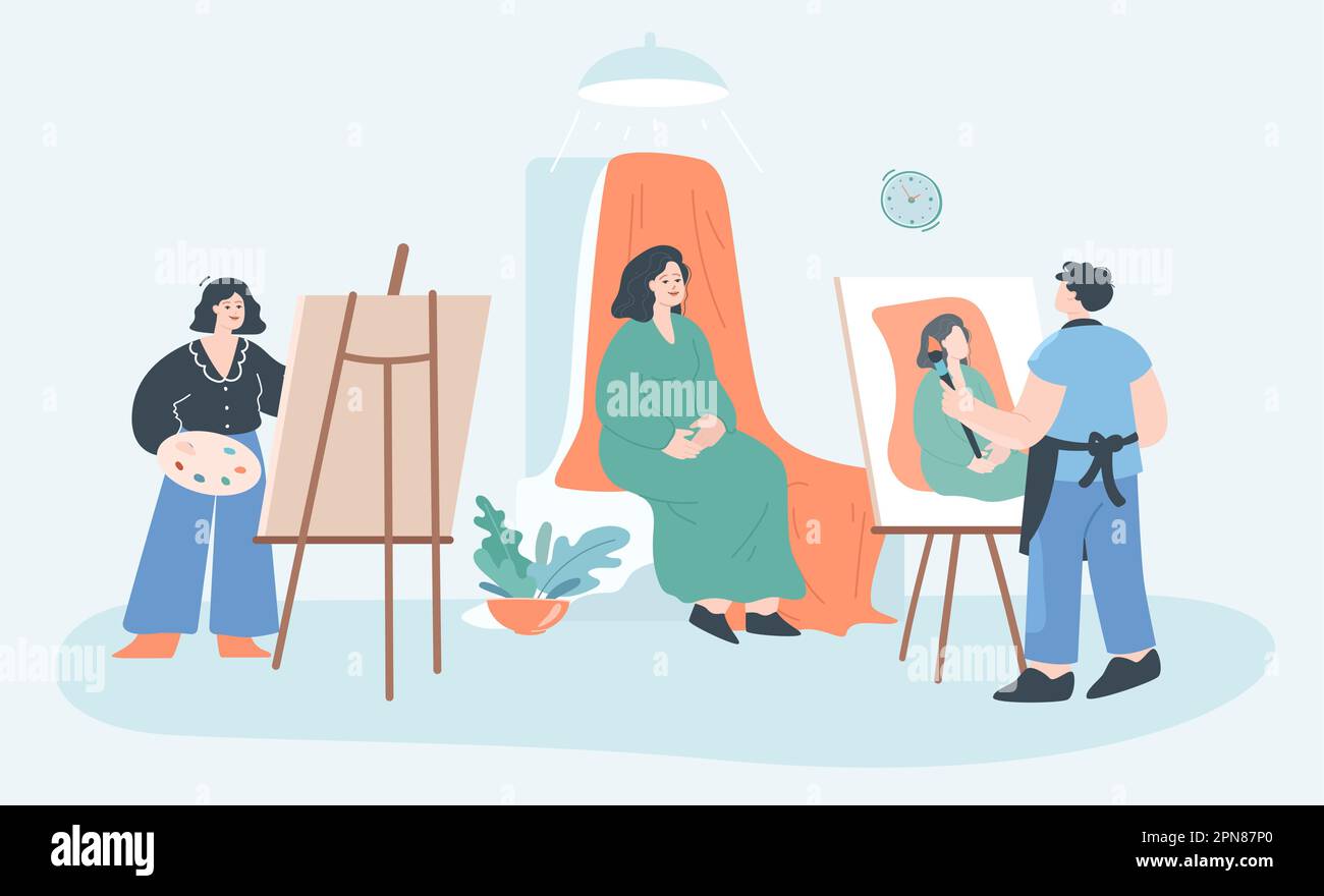 Artists painting portrait of posing female model in classroom Stock ...